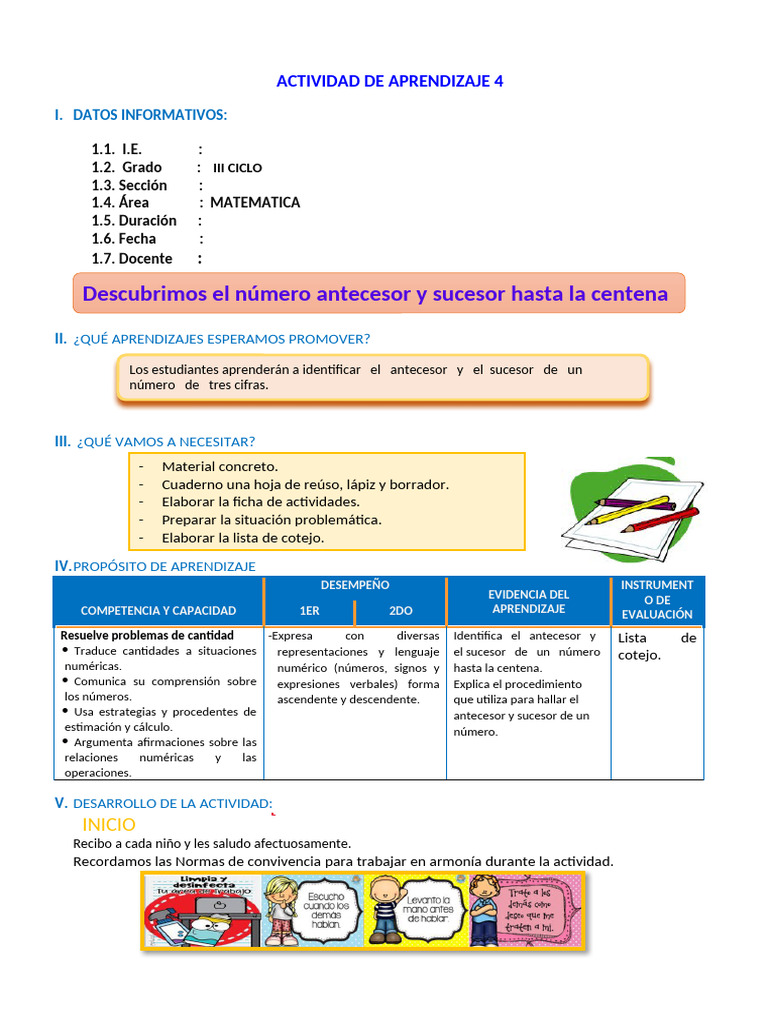 D4 A1 SESION MAT. Descubrimos El Número Antecesor y Sucesor Hasta La Centena | PDF | Evaluación