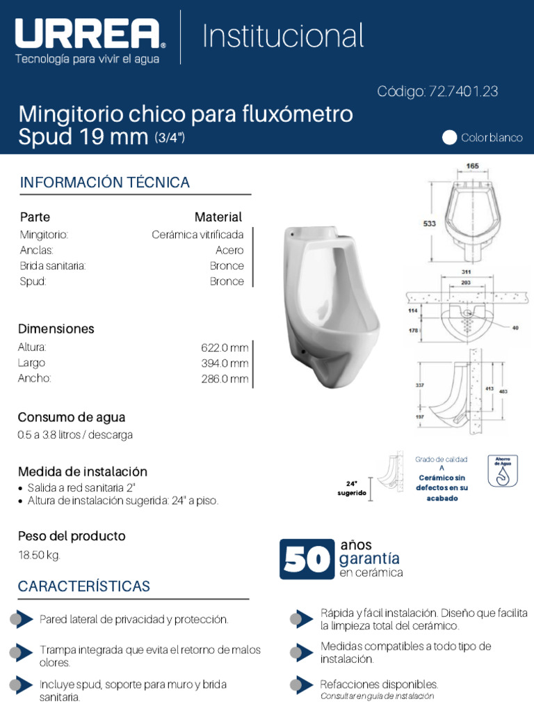 Mingitorio Chico para Fluxómetro Spud 19 MM: Información Técnica | PDF
