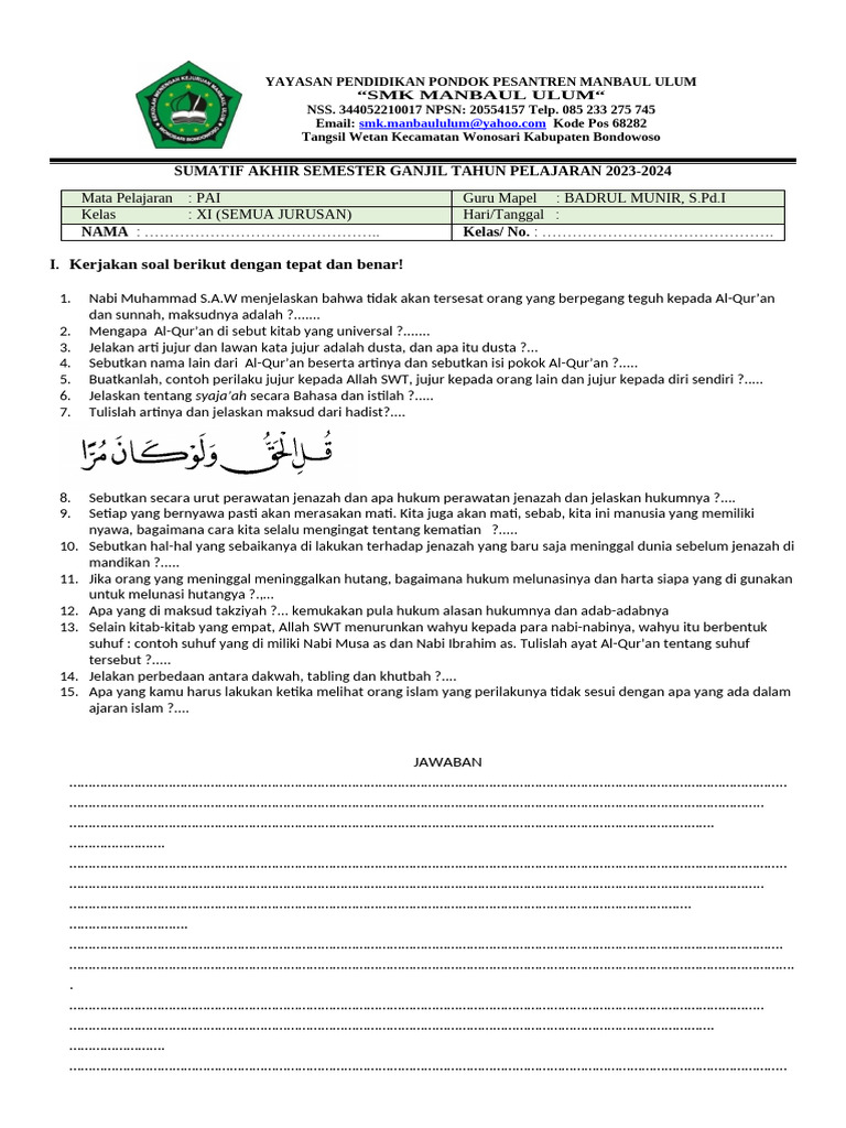 Soal PAi Kelas X SMK | PDF | Agama & Spiritualitas