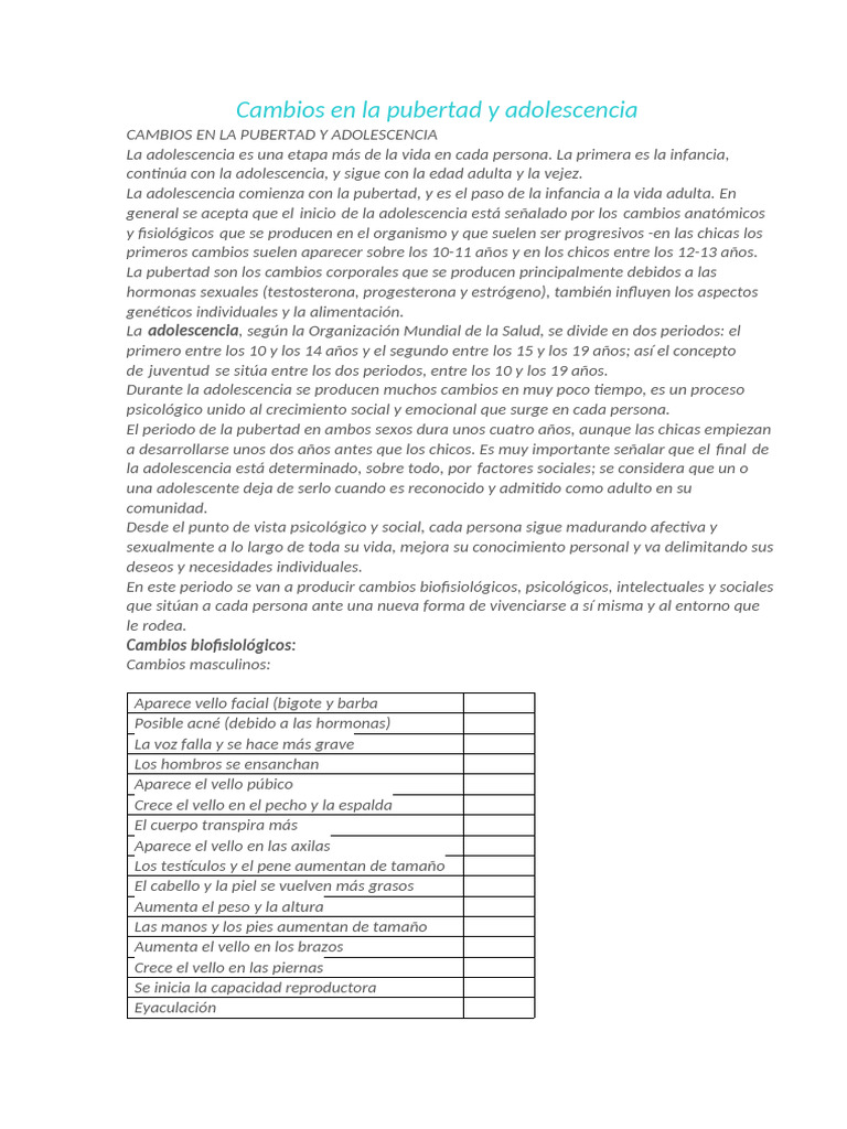 Cambios en La Pubertad y Adolescencia | PDF | Adolescencia | Ciclo ...