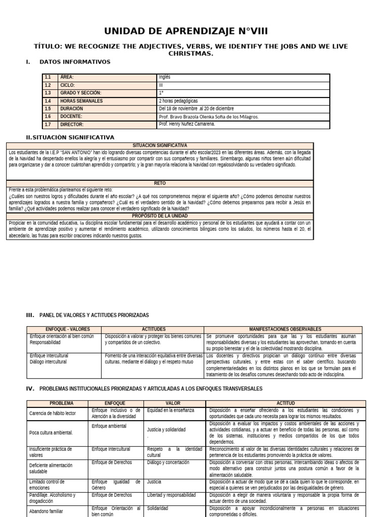 Unidad 8 1° Grado Final | PDF | Aprendizaje | Evaluación