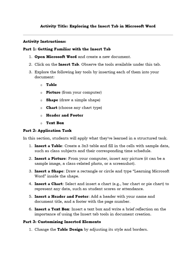 Insert Tab Activity in Microsoft Word | PDF