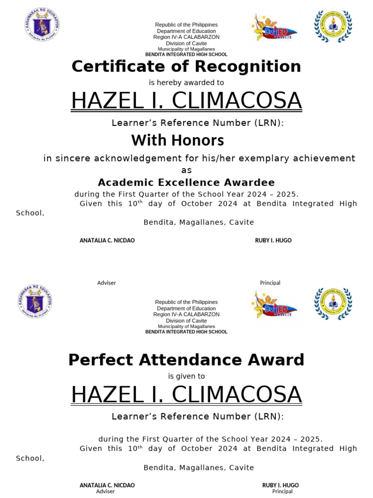 Certificate Honors Attendance | PDF