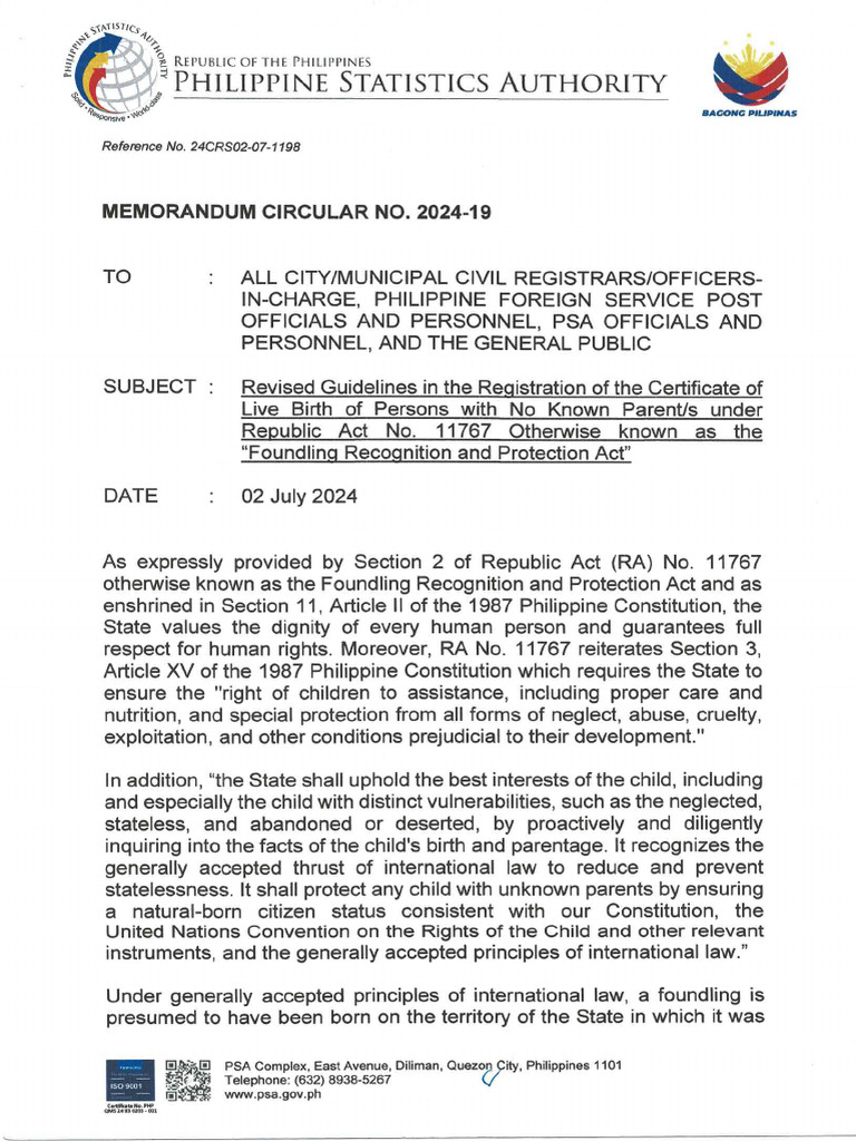 Memorandum Circular - Revised Guidelines in The Registration of The COLB of Person With No Known ...