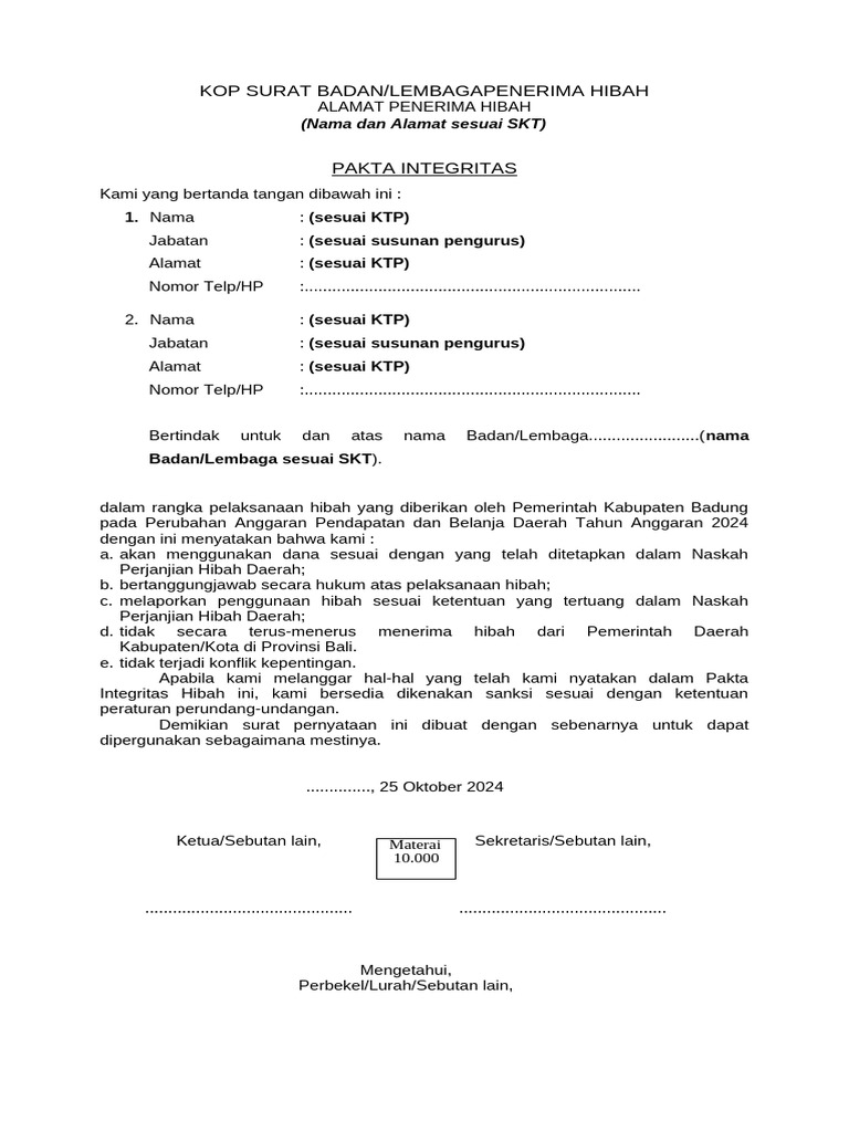Format Pakta Integritas Perubahan Apbd Tahun Anggaran 2024 | PDF