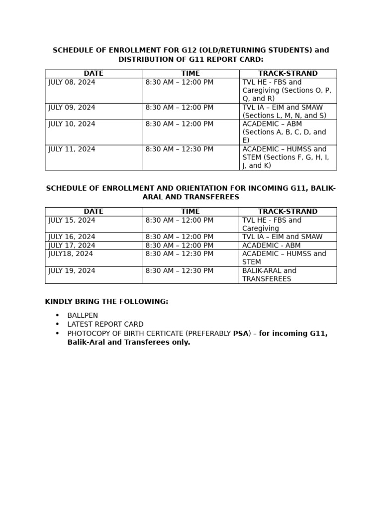 Schedule of Enrollment For Sy 2023-2024 | PDF