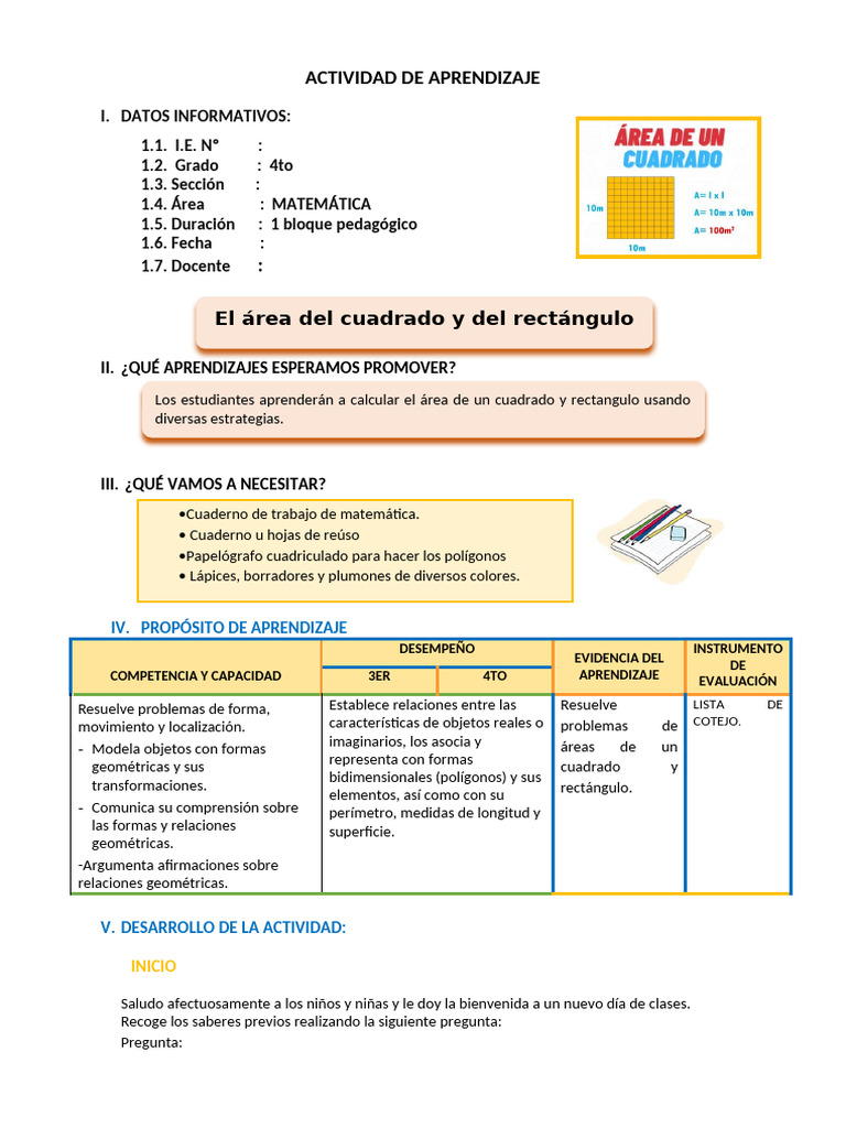 SESION MAT. El Área Del Cuadrado y Del Rectángulo | PDF | Evaluación