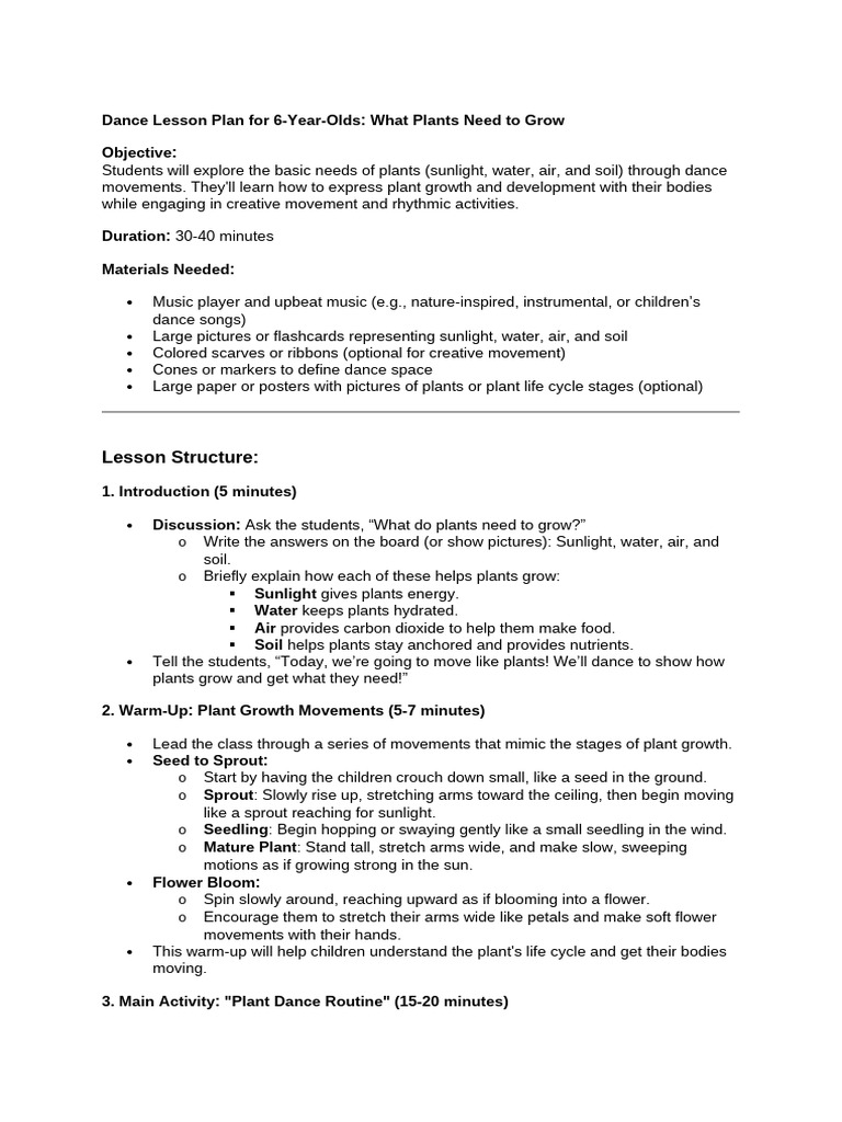 Dance Lesson Plan For 6 | PDF | Plants | Wound