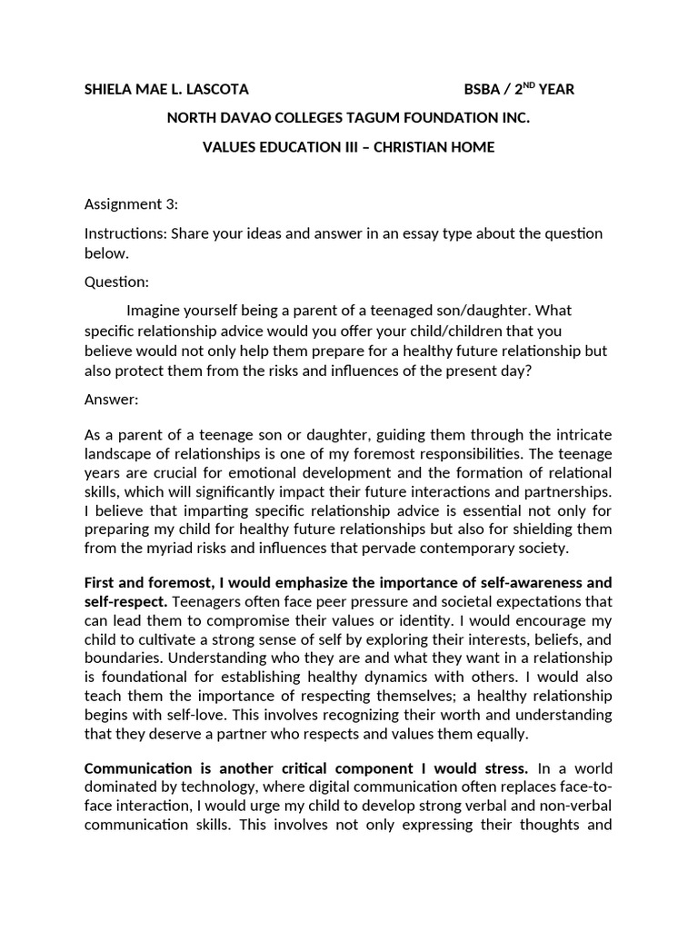 ValEd-III-Assignment-3 (LASCOTA) | PDF | Psychological Resilience | Adolescence