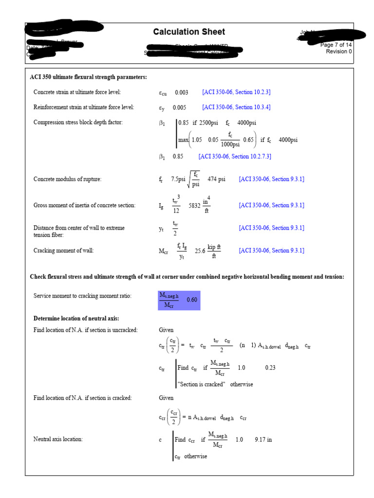 ACI 350-06 Concrete Tank Wall Reinforcement Calc Example | PDF | Bending | Continuum Mechanics