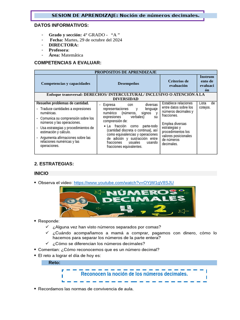 Sesion de Aprendizaje Nocion Numeros Decimales Matematica 4to Grado ...