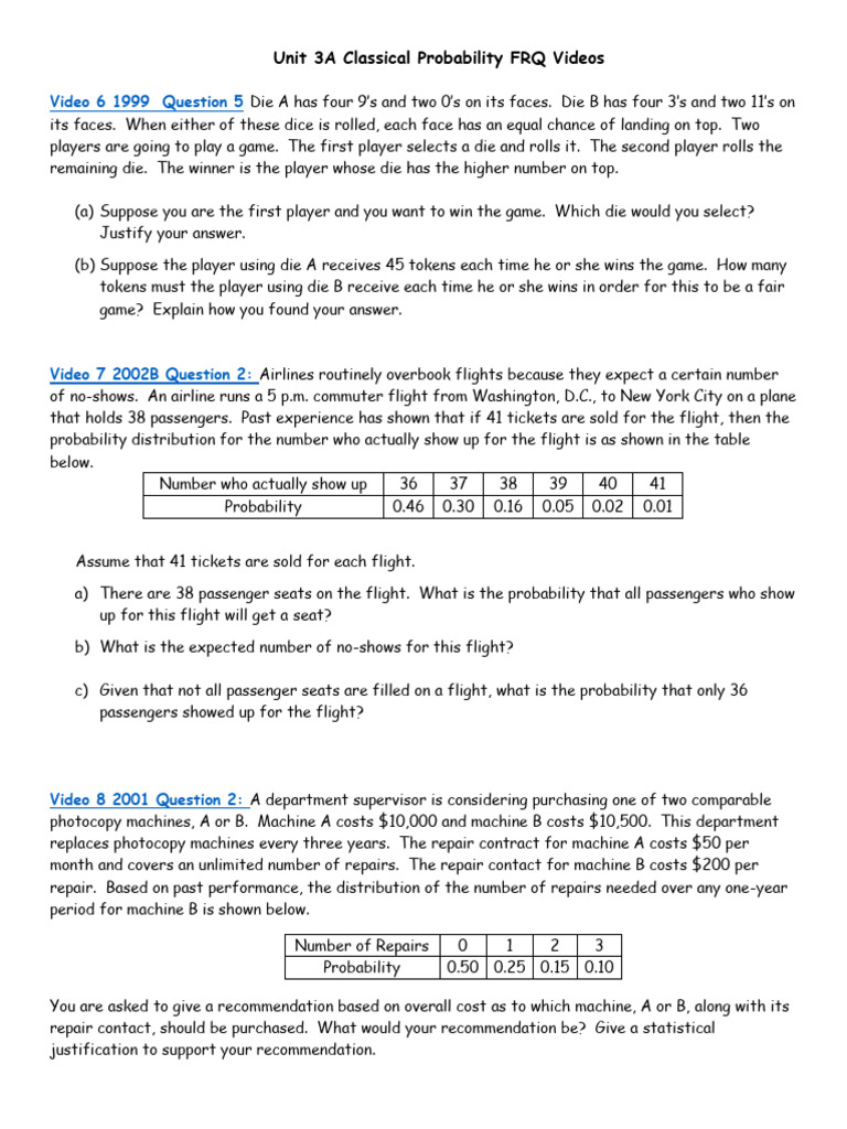 Classical Probability FRQ Video Guide | PDF | Standard Deviation | Mean