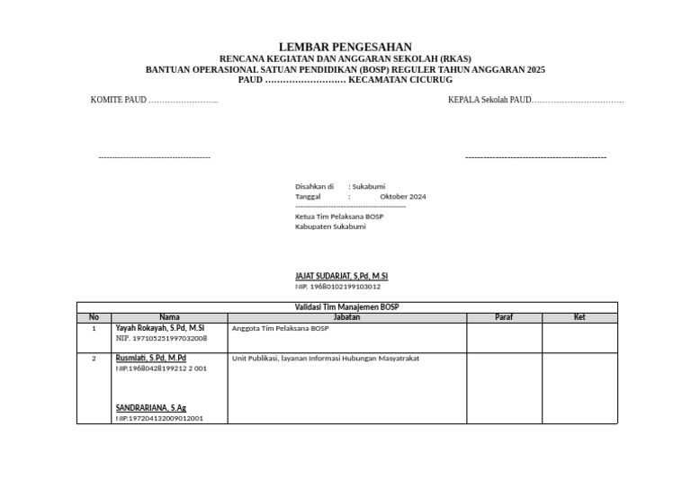Paud Lembar Pengesahan Bosp 2025 | PDF