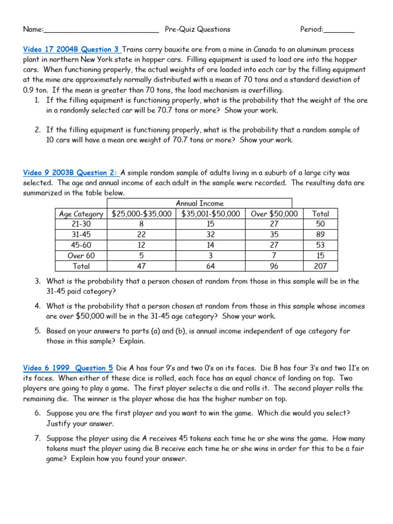 Probability PreQuiz 3A and 3B | PDF | Sampling (Statistics ...