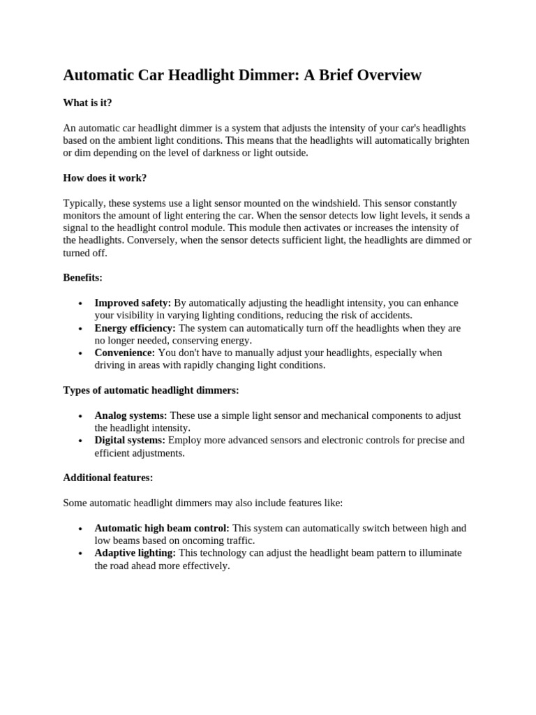 Introduction Automatic Car Headlight Dimmer | PDF | Headlamp | Lighting