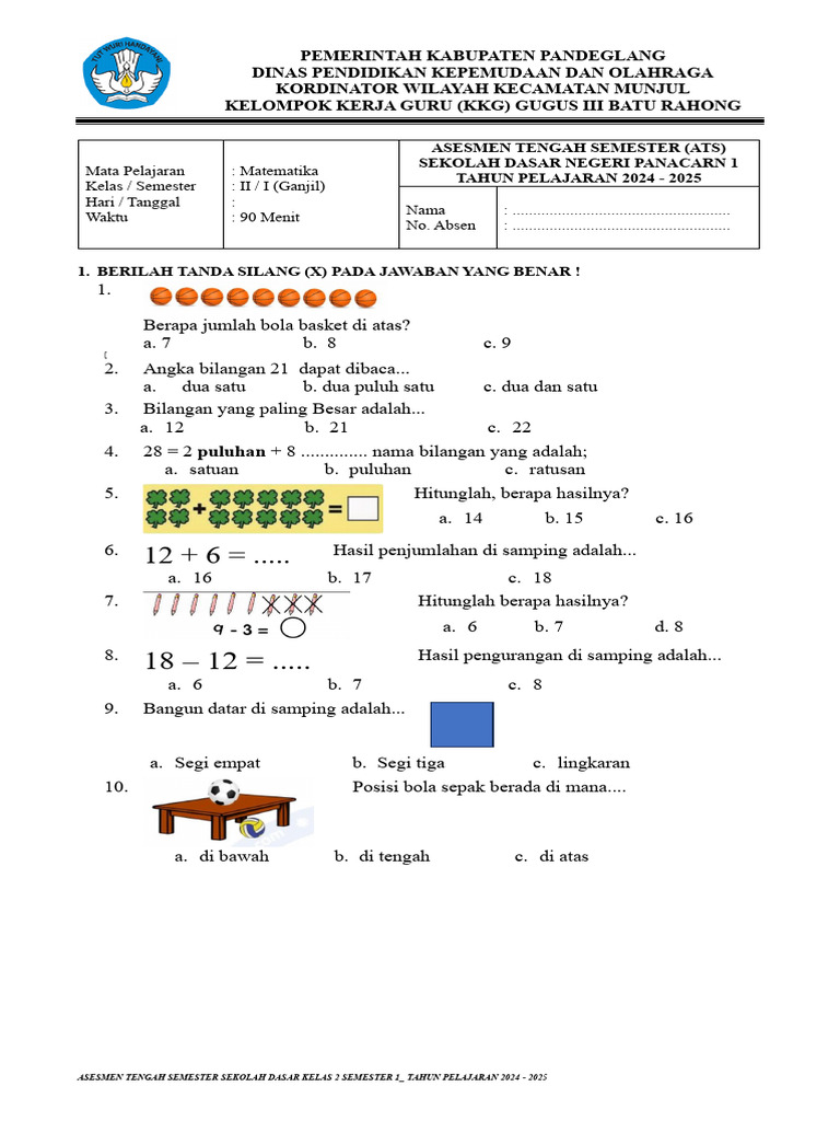 Soal PTS Matematika Kelas Ii Semester 1 - Dan Kunci Jawaban | PDF