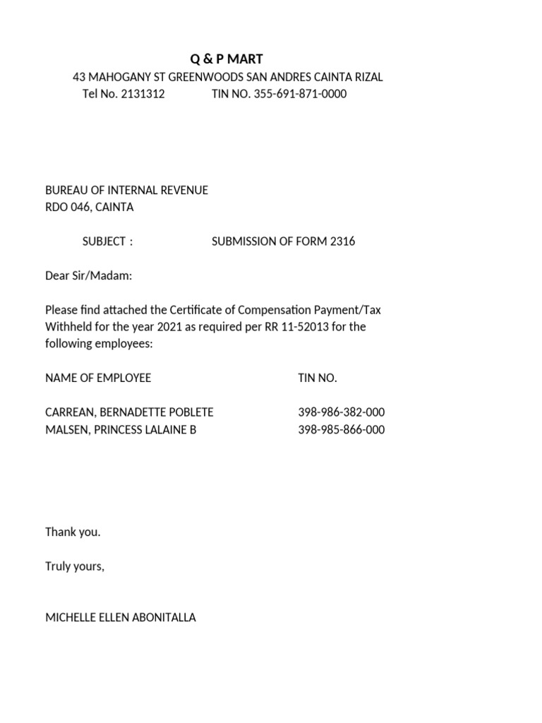 Submission of Form 2316 for QP Mart | PDF | Finance & Money Management