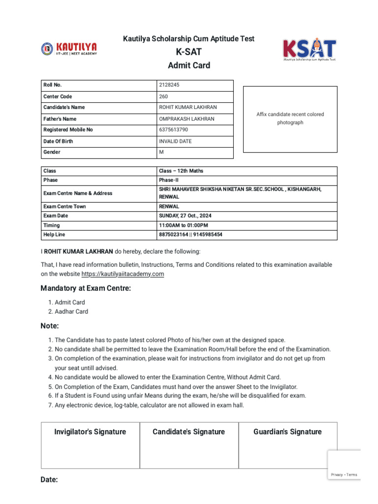 K-SAT Admit Card Details 2024 | PDF