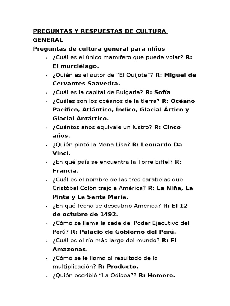 Preguntas y Respuestas de Cultura General | PDF | Viajes y turismo | Historia