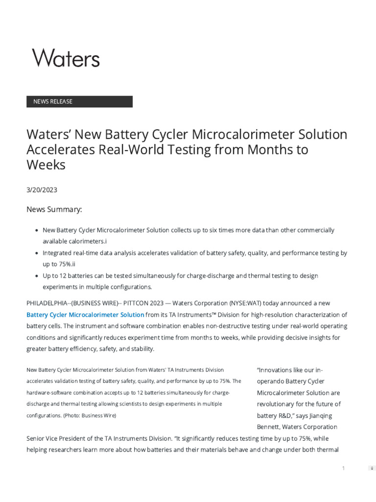 Waters New Battery Cycler Microcalorimeter Solution Accelerates Real ...