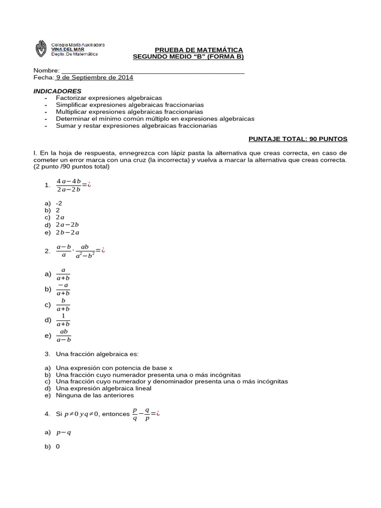 Prueba 2º Medio Fracc Alg Forma B | PDF | Notación Matemática | Álgebra
