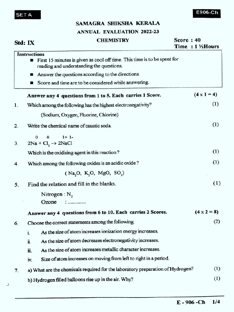 CHEMISTRY (EM) Question Paper Kerala Class 9 Annual Exam March 2023 | PDF