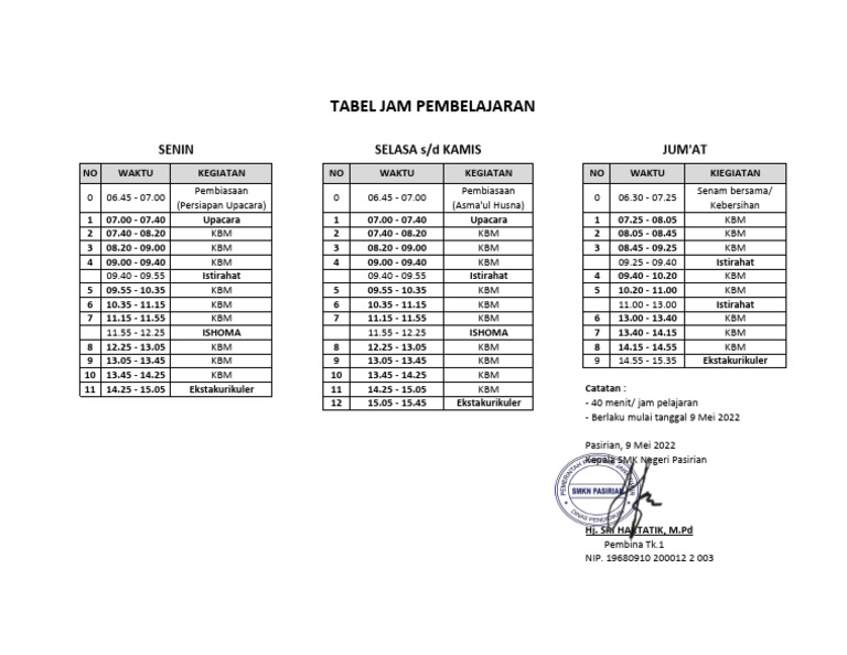 Tabel Jam Pembelajaran Normal | PDF