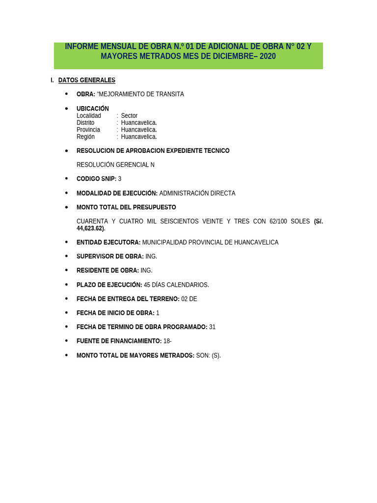 Informe Mensual de Obra Diciembre 2020 | PDF | Finanzas y dinero | Derecho