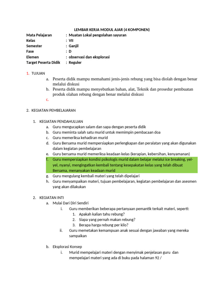Contoh Latihan Modul Ajar Mulok | PDF