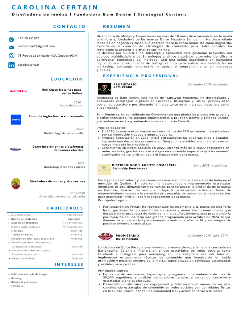 CV Carolina Certain | PDF | Iniciativa empresarial | Economias
