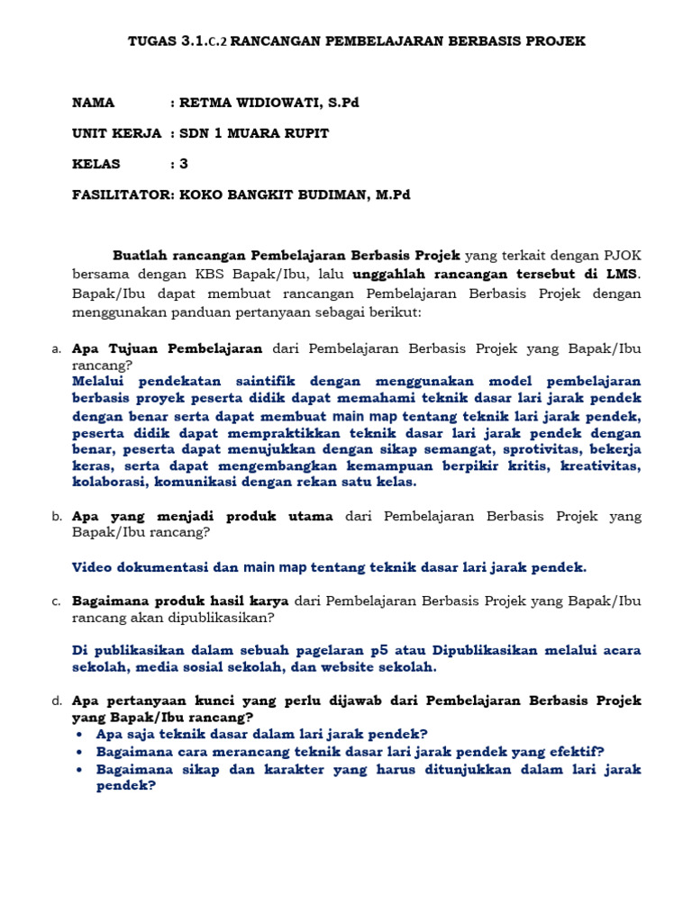 Tugas 3.1.C.2 Rancangan Pembelajaran Berbasis Proyek Retma Widiowati | PDF