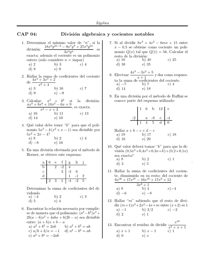División Algebraica y Cocientes Notables | PDF | División (Matemáticas ...