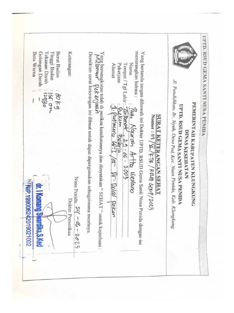 Yang Bertanda Tangan Dibawah Ini Dokter UPTD. RSUD Gema Santi Nusa Penida Dengan Ini | PDF