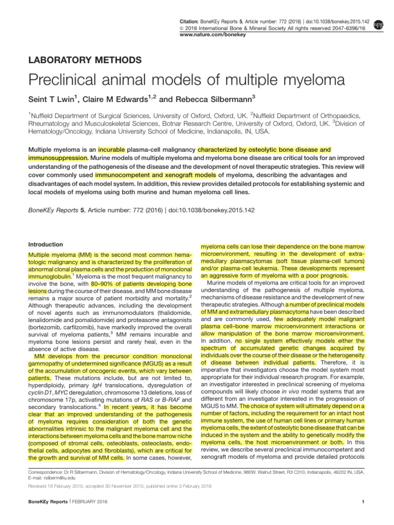 2016 Preclinical Animal Models of Multiple Myeloma | PDF | Multiple ...