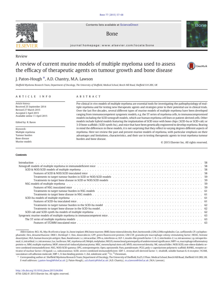 2015 A Review of Current Murine Models of Multiple Myeloma Used To ...