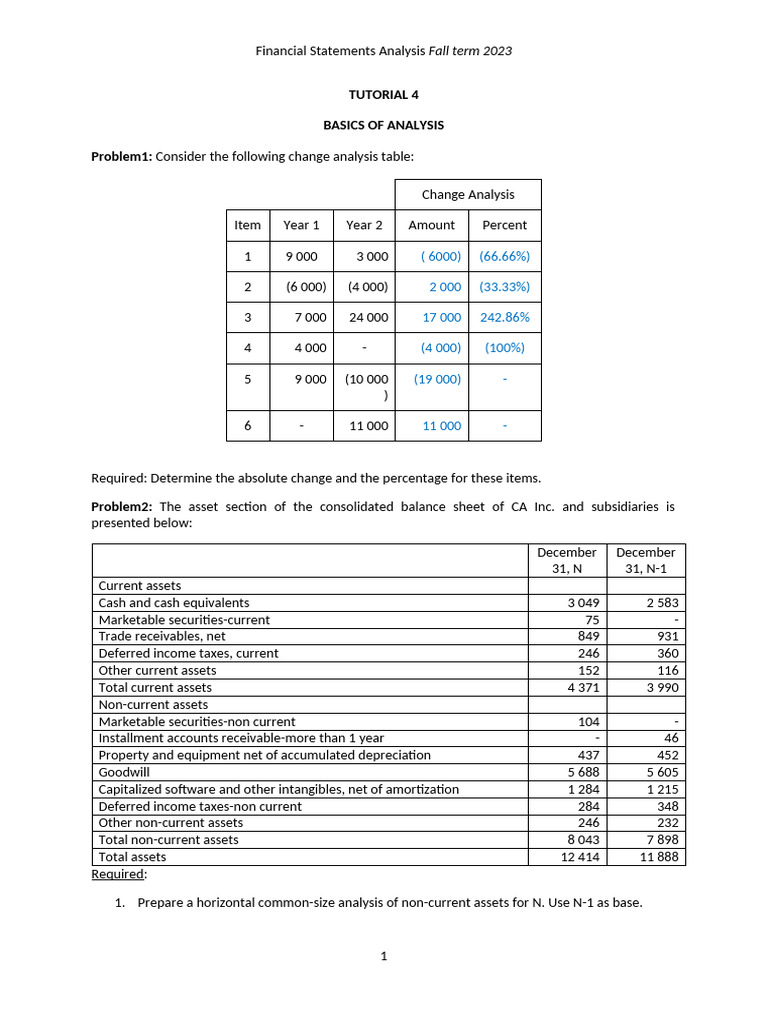 FSA - Tutorial 4 - Fall 2023 With Solutions | PDF | Goodwill (Accounting) | Intangible Asset