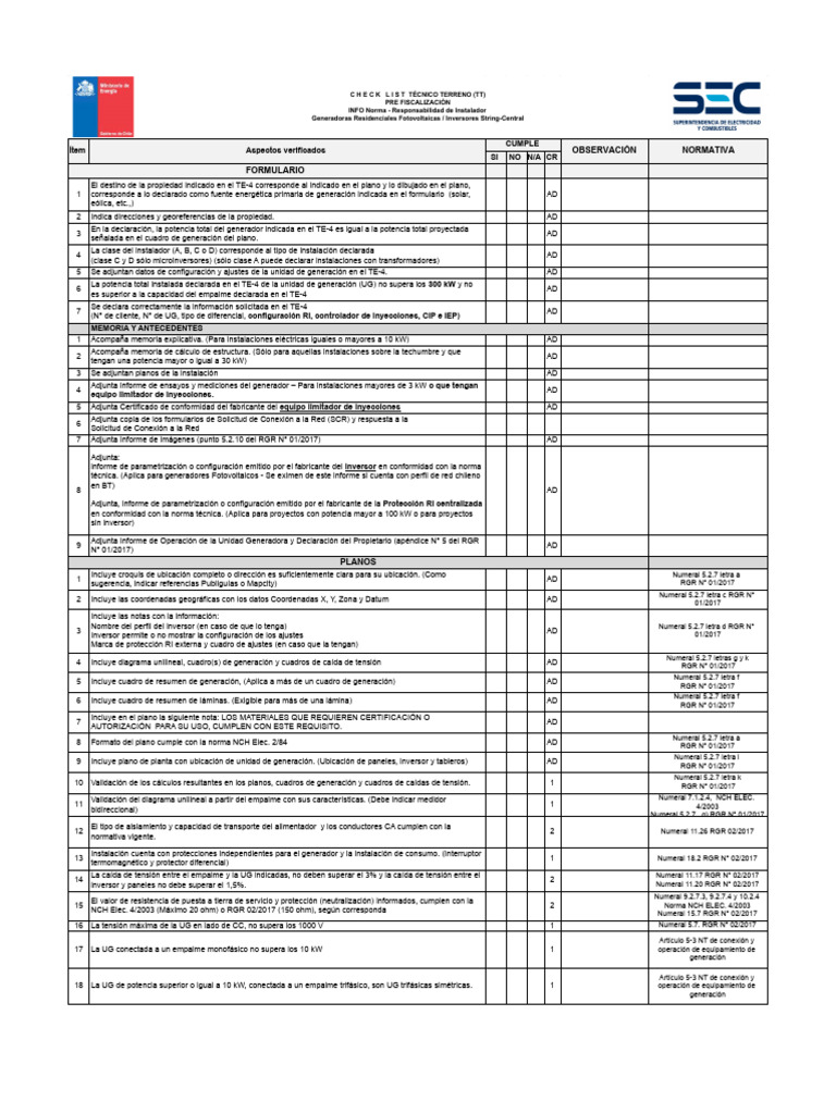 Checklist Te4 FV TT-2019-v5-1 | PDF | Ingenieria Eléctrica | Fotovoltaica