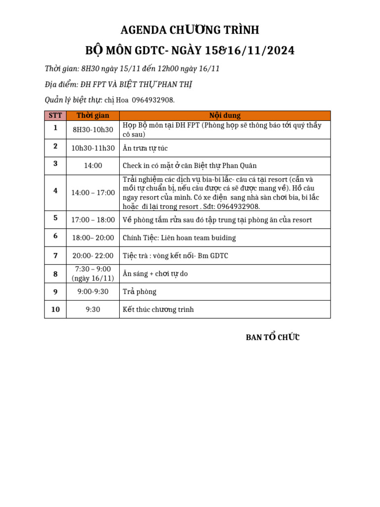 Agenda Chương Trình Họp Đầu Kỳ+ Teambuiding- BM GDTC Tháng 11- 2024 - PA | PDF