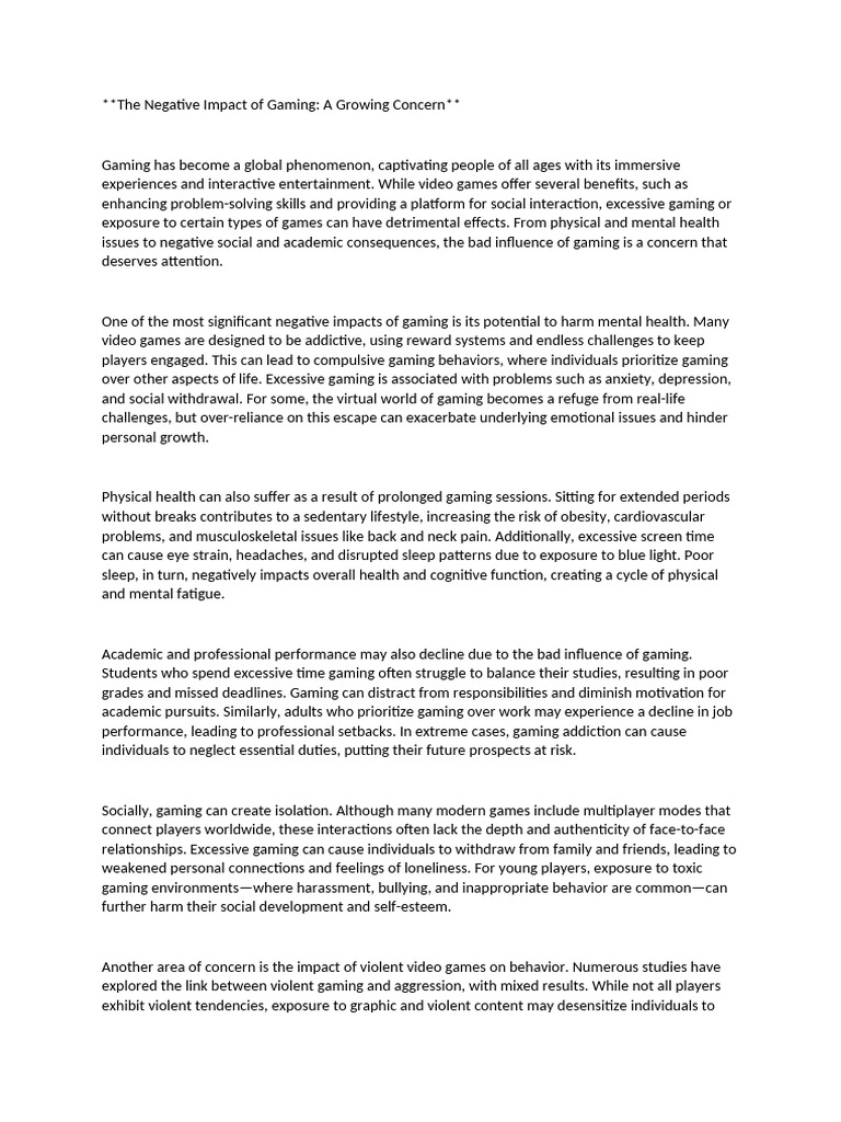Negative Effects of Excessive Gaming | PDF | Mental Health | Psychology