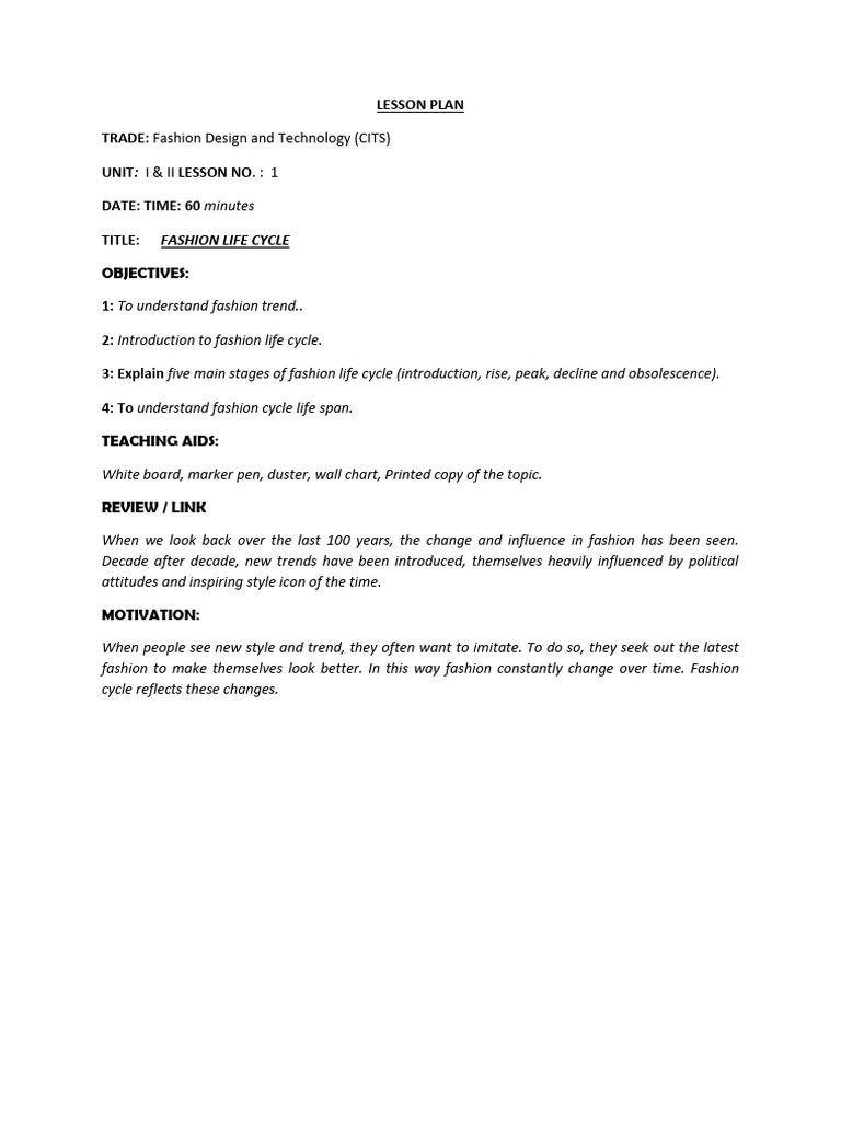 Lesson Plan - Fashion Life Cycle FDT | PDF | Fashion | Clothing
