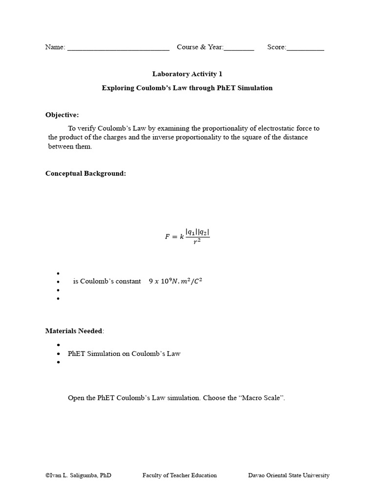 Laboratory Activity 1 Coulombs Law | PDF | Force | Electrostatics