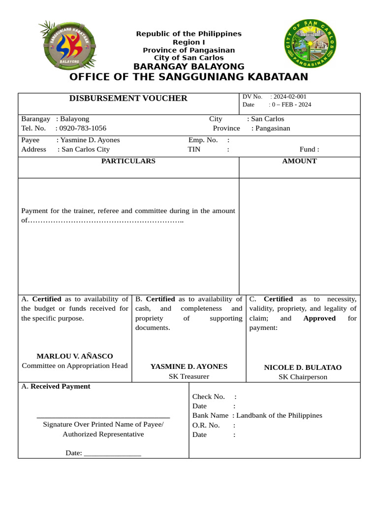 SK Disbursement Voucher - Balayong 2024 | PDF | Law