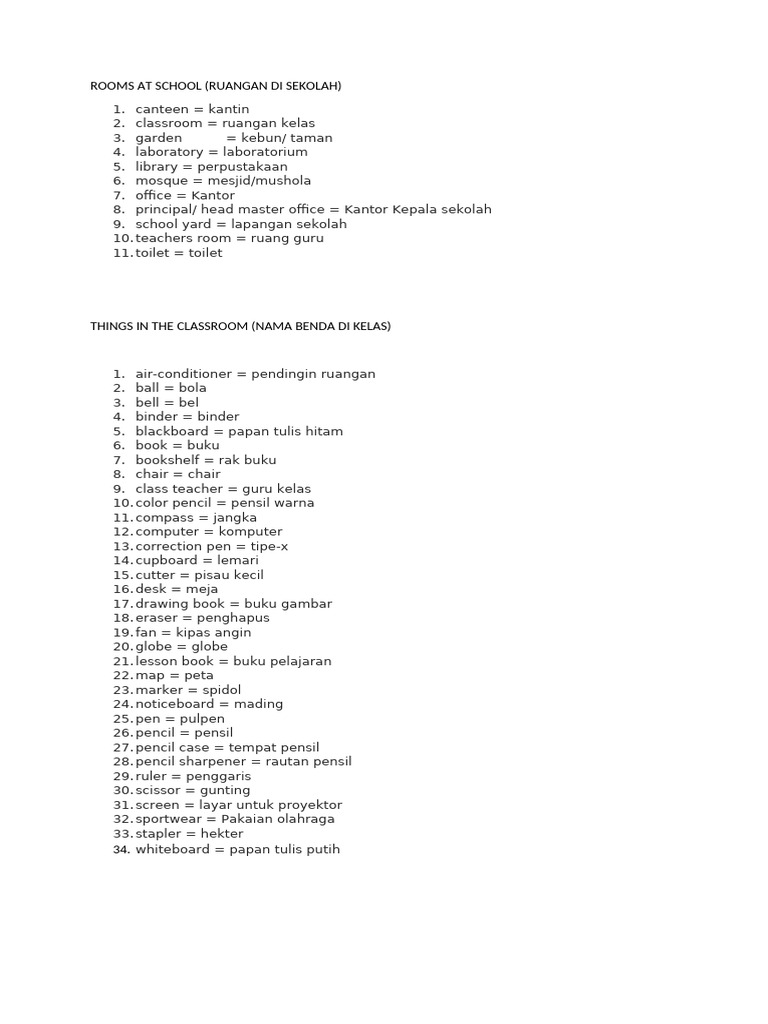 School Room Names in English | PDF