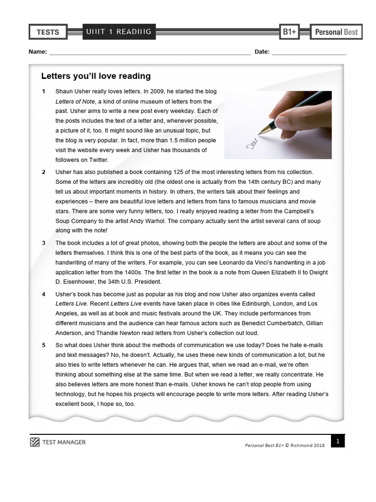 Personal Best B1+ Unit 1 Reading Test | PDF | General Fiction
