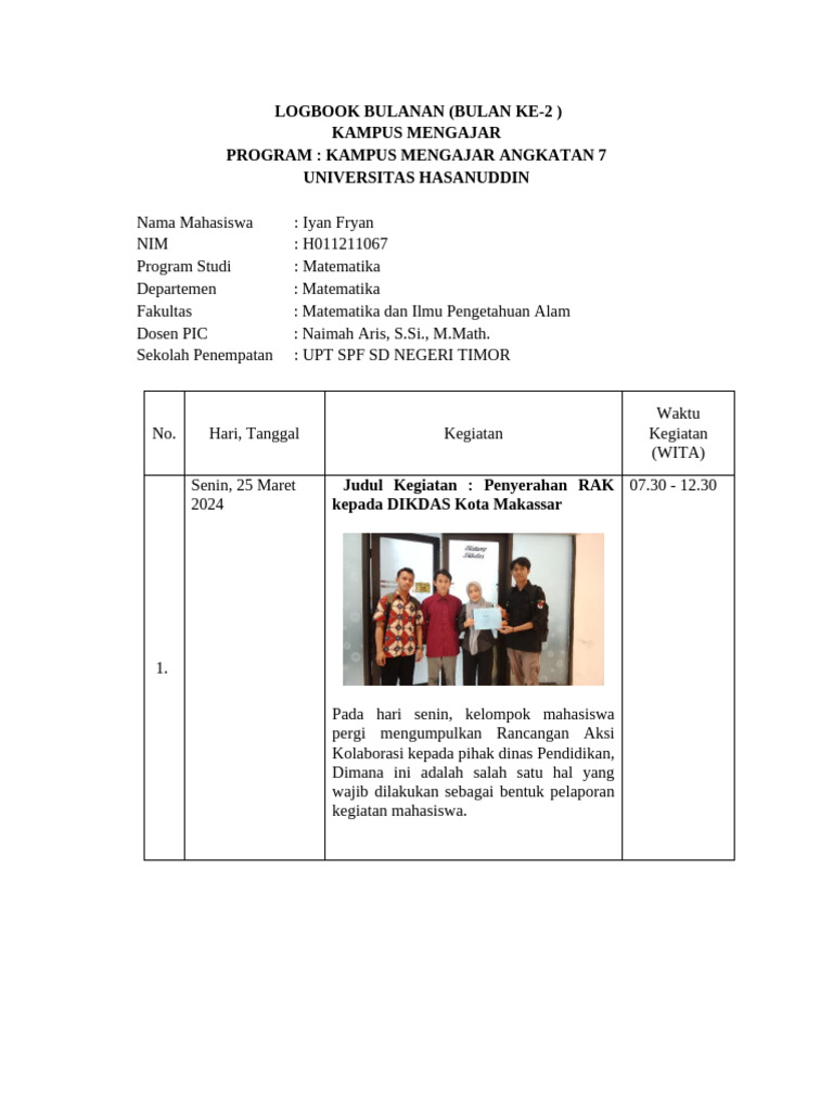 Logbook KM Bulan 1 - Iyan Fryan | PDF | Karier & Perkembangan