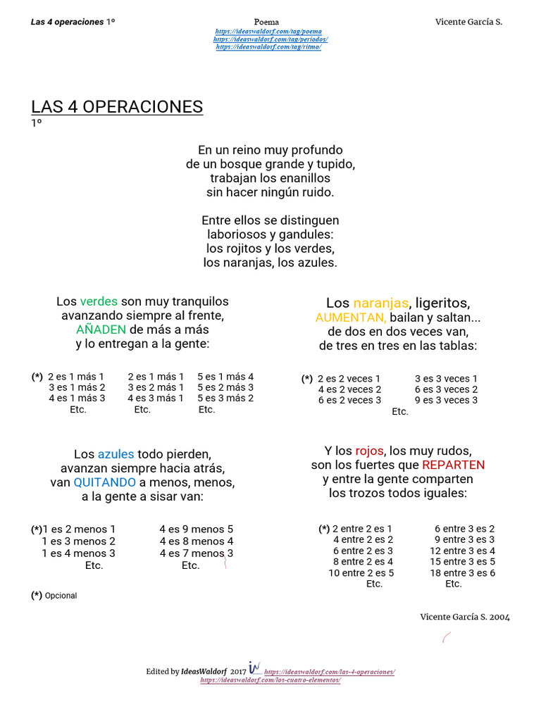 Poema sobre las 4 operaciones matemáticas | PDF
