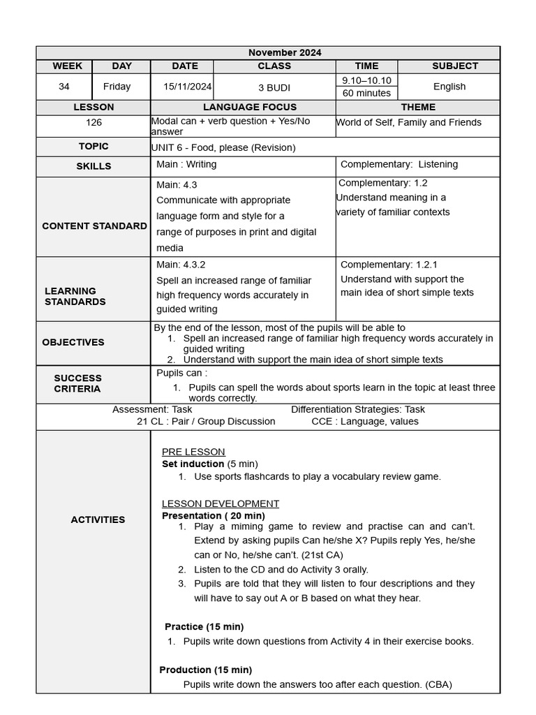 Lesson Plan 3 Budi Week 34 Friday | PDF | Lesson Plan | Linguistics