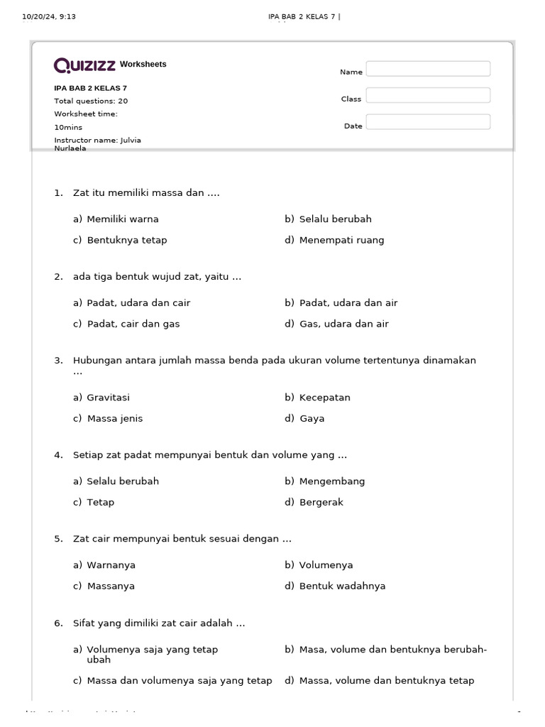 Kuis IPA Kelas 7 Bab 2 | PDF
