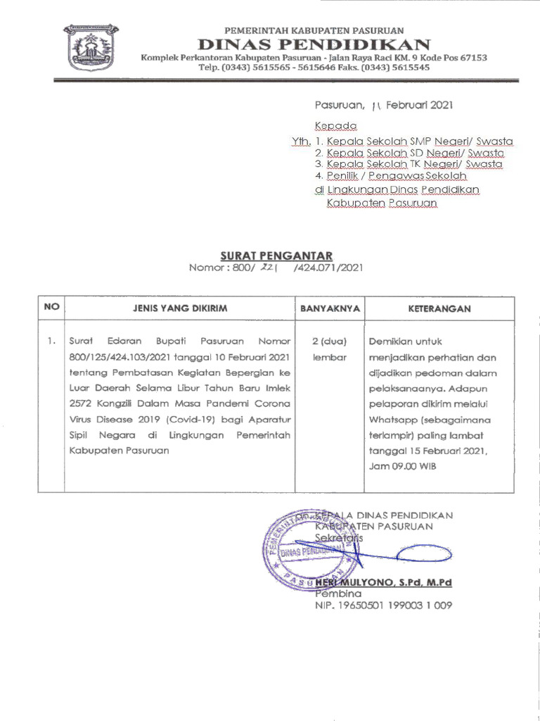 Surat Edaran Dinas Pelaksanaan Bepergian Ke Luar Daerah Fix Ok | PDF