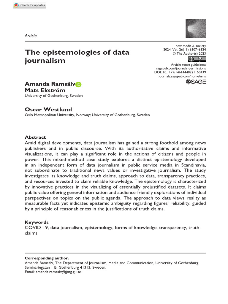 Ramsalv Et Al 2023 The Epistemologies of Data Journalism | PDF | Epistemology | Knowledge